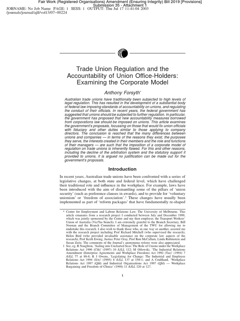Sub35 Att01 Professor Anthony Forsyth | PDF | Trade Union | Labour Law
