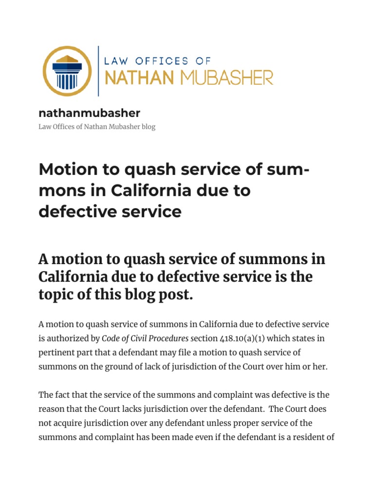 Motion To Quash Service of Summons in California Due To Defective ...