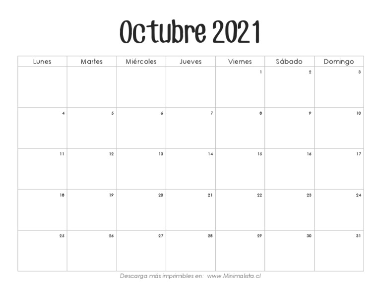 Calendario Imprimible Octubre 2021 | PDF