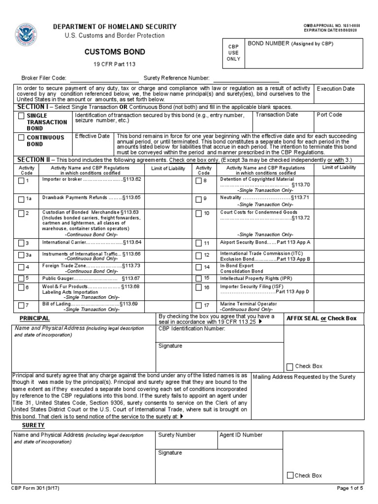 CBP Form 301 Customs Bond Form | Download Free PDF | Surety | U.S ...