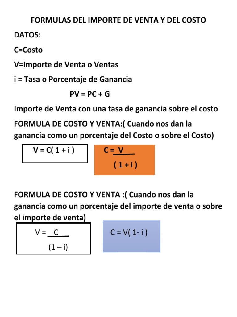 Fórmulas de Costo y Precio de Venta | PDF