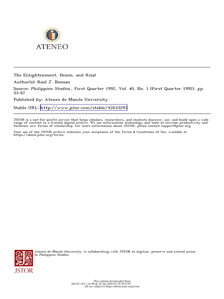 Bonoan Raul 1992 The Enlightenment Deism and Rizal | PDF | Deism ...