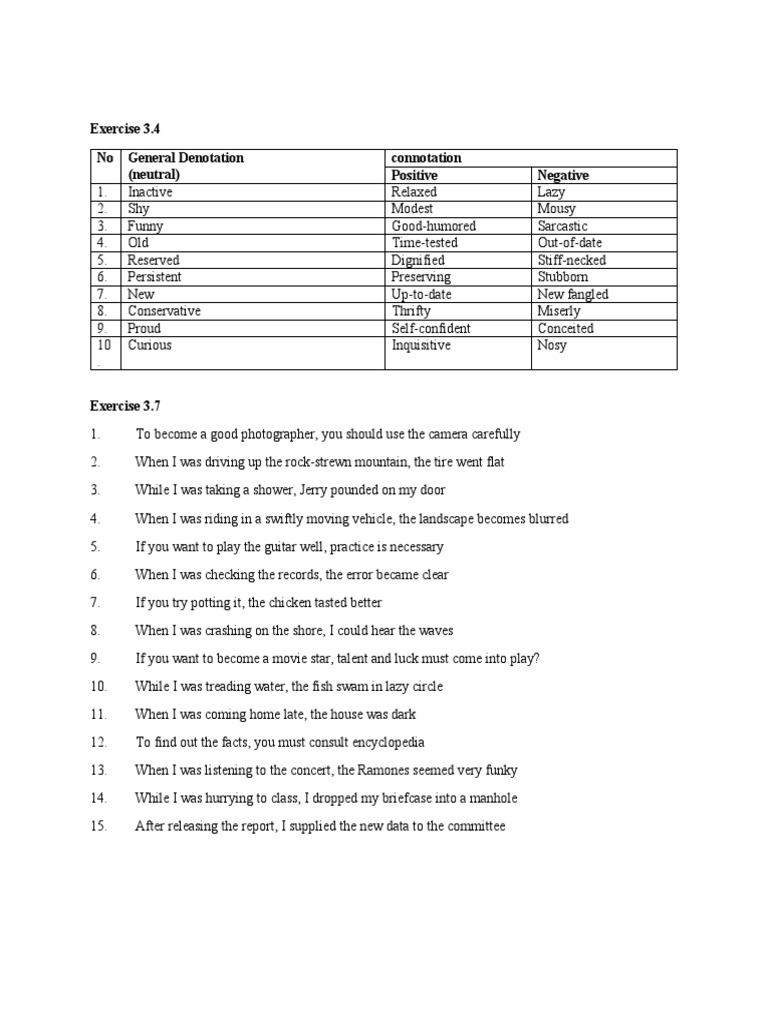 Exercise 3.4 No General Denotation (Neutral) Connotation Positive ...