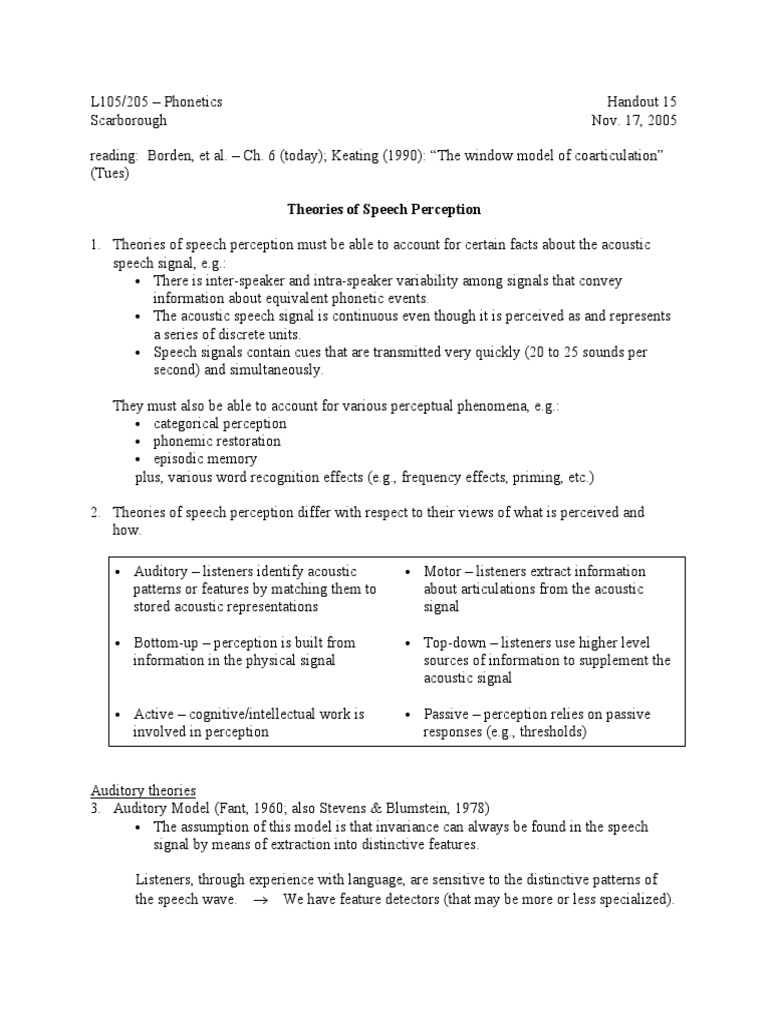 Theories of Speech Perception | PDF | Perception | Phonetics