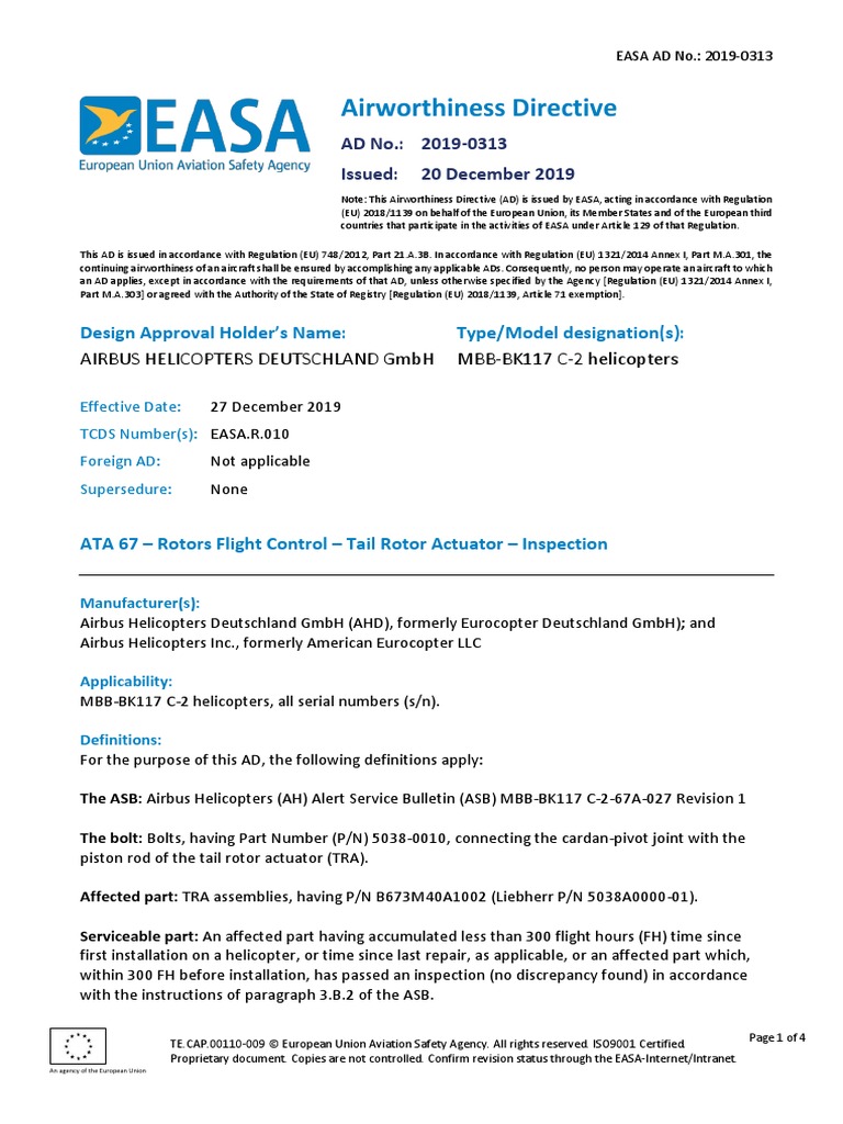 Airworthiness Directive: Design Approval Holder's Name: Type/Model ...