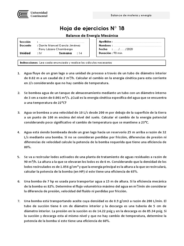 Semana14 - Hoja de Ejercicios 18 BALANCE DE ENERGÍA MECÁNICA | PDF | Bomba | Agua