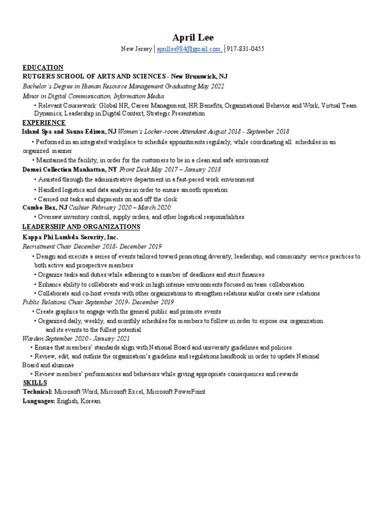Lee, April - Resume | PDF | Leadership | Human Resource Management