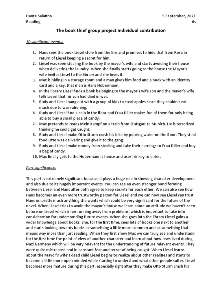 The Book Thief Group Project Individual Contribution | PDF