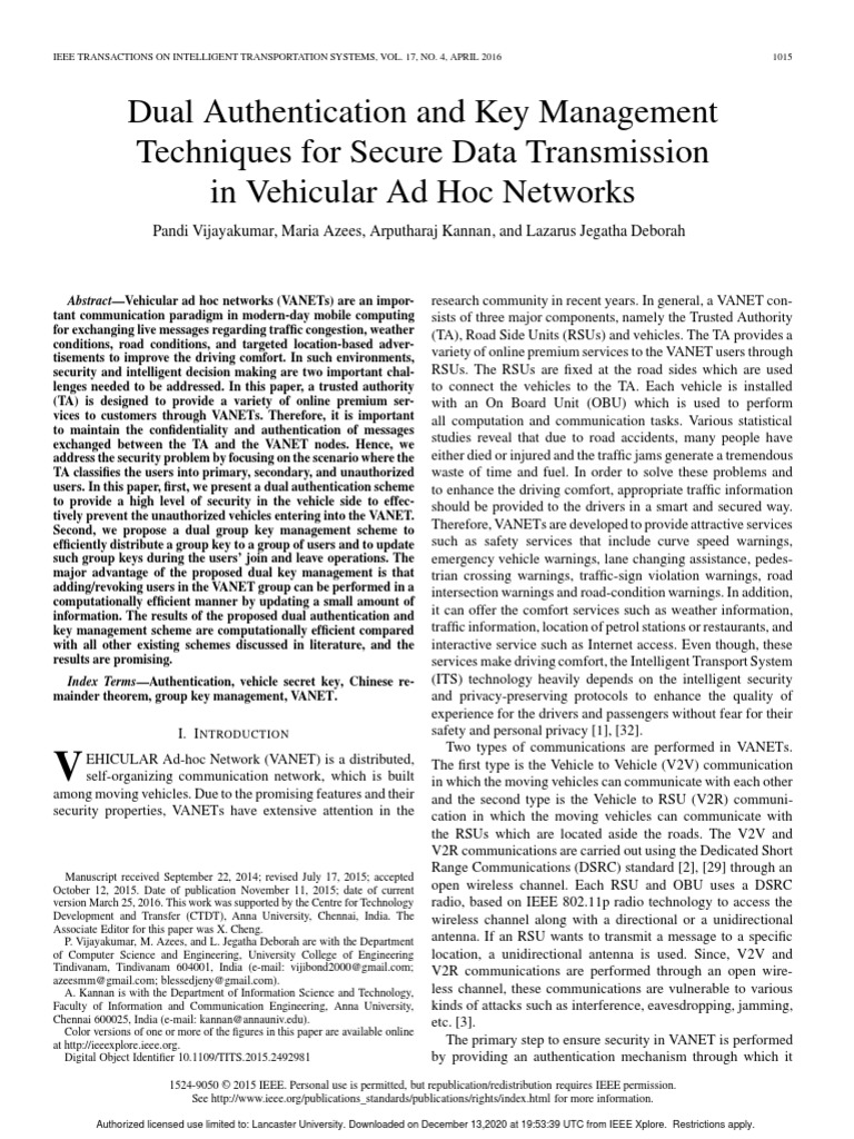 Dual Authentication and Key Management Techniques For Secure Data Transmission in Vehicular Ad ...