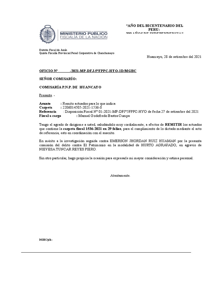 Oficio para La Comisaria de Hyo Del Caso 1536-2021 | PDF