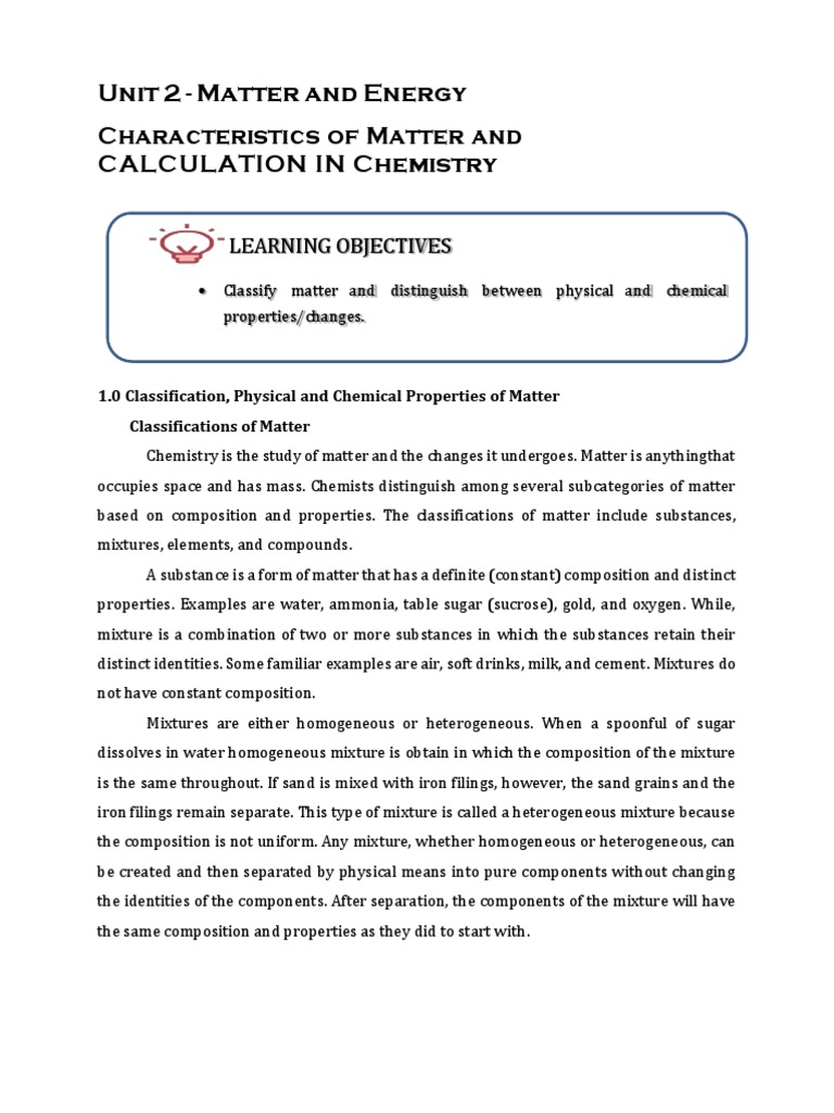 Unit 2 - Matter and Energy Characteristics of Matter and CALCULATION IN ...