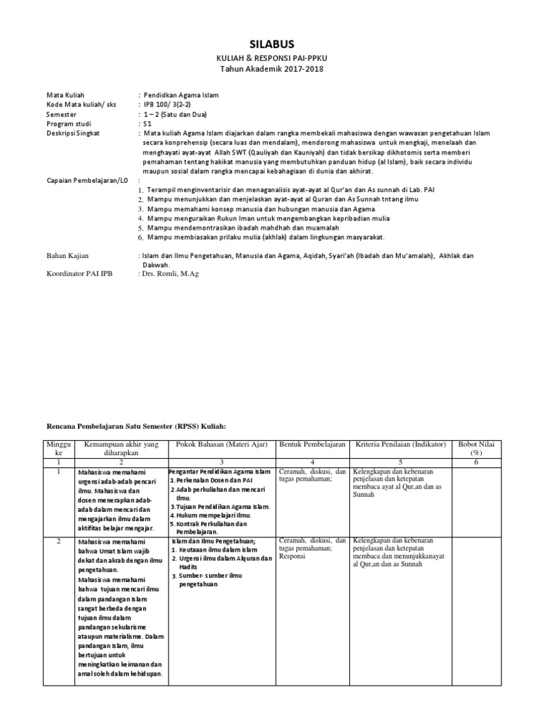 Silabus Kuliah Dan Responsi Pai | PDF