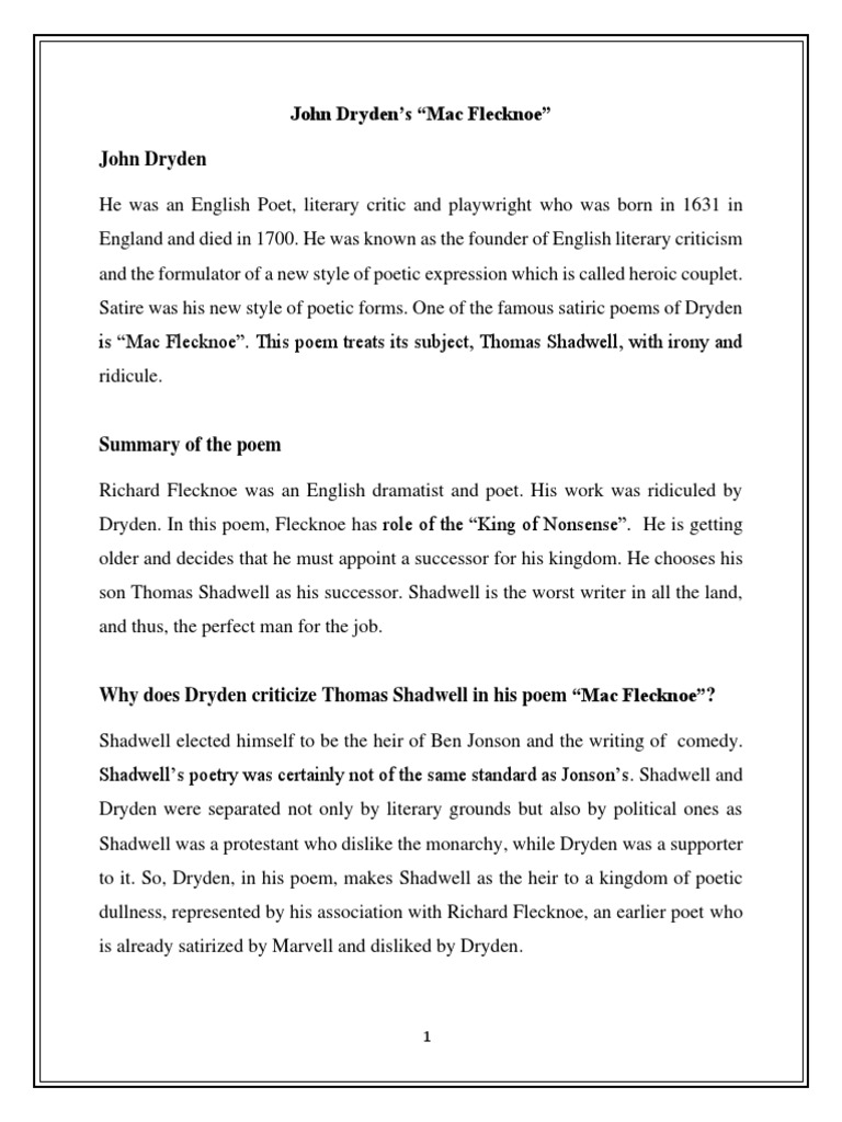 Dryden's Masterful Satire: An Analysis of 'Mac Flecknoe' and its ...