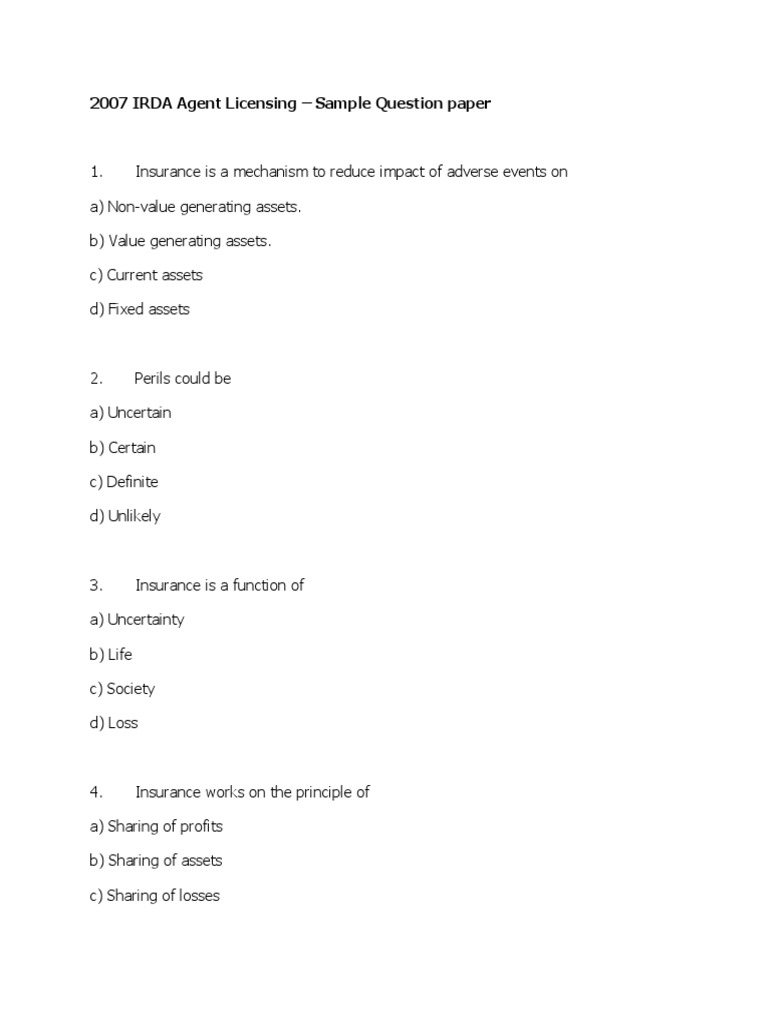 (WWW - Entrance-Exam - Net) - IRDA Sample Paper 1 | PDF | Insurance ...