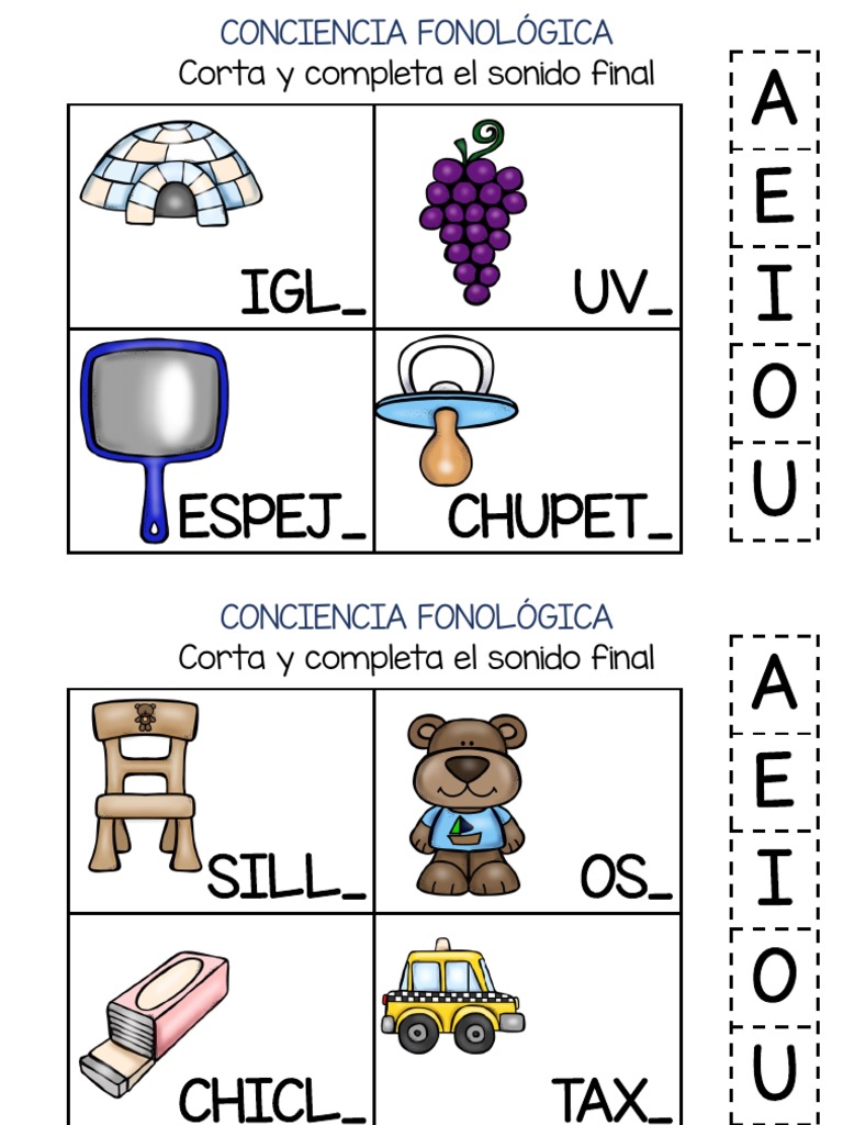 Conciencia Fonológica Vamos A Jugar Con El Sonido Final VOCAL | PDF