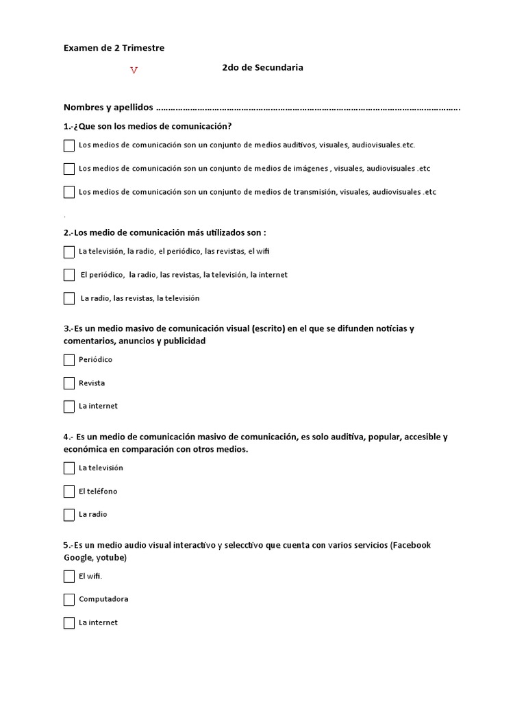 Examen de Medios de Comunicación 2º Secundaria | PDF | Ciencias ...