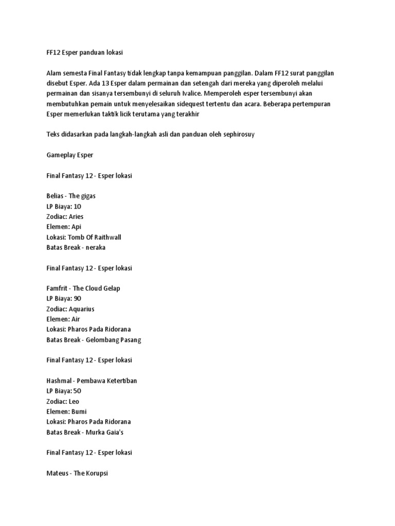 FF12 Esper Panduan Lokasi | PDF