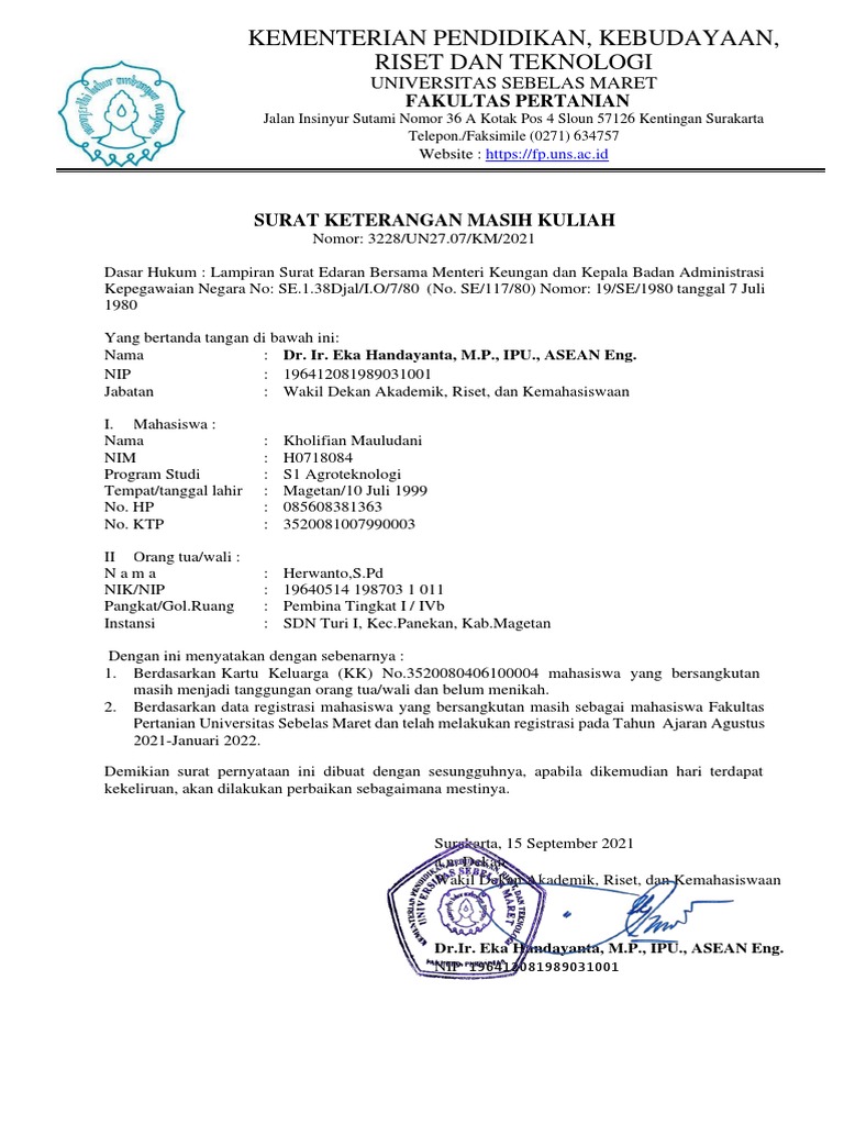 Surat Keterangan Masih Kuliah UNIVERSITAS SEBELAS MARET | PDF