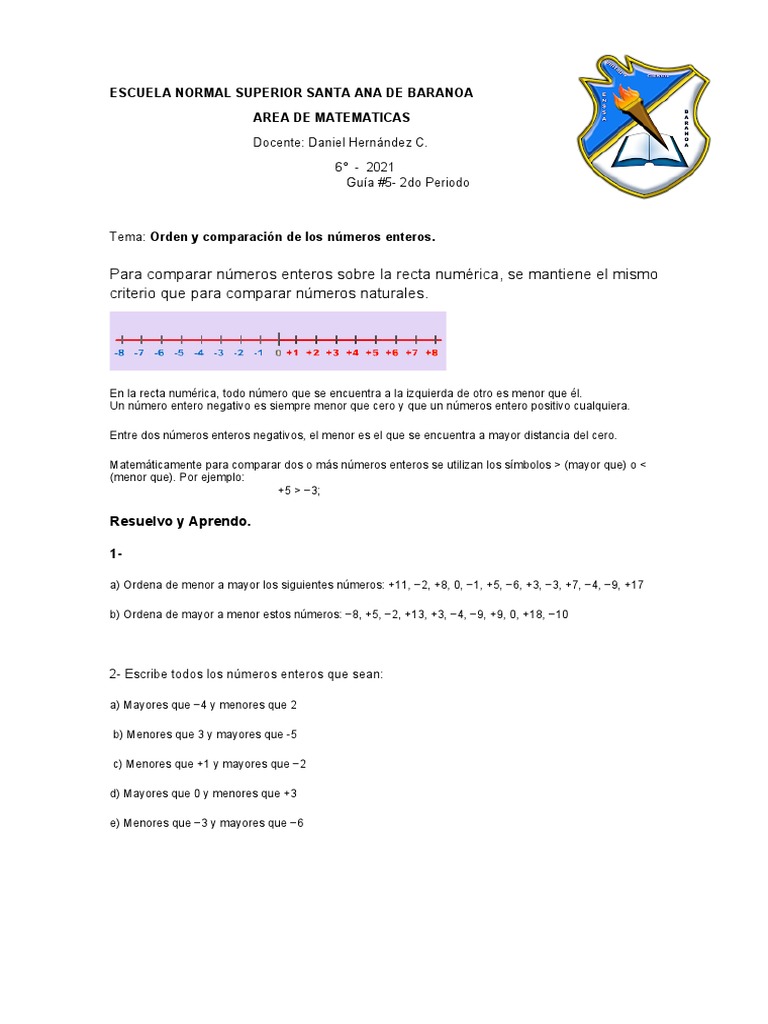 Comparación y orden de números enteros | PDF | Métodos y materiales de ...