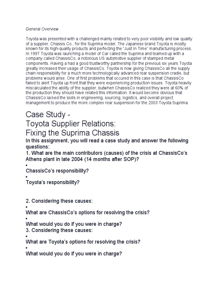 Toyota and Chassis Co - Case Study | PDF | Toyota | Project Management