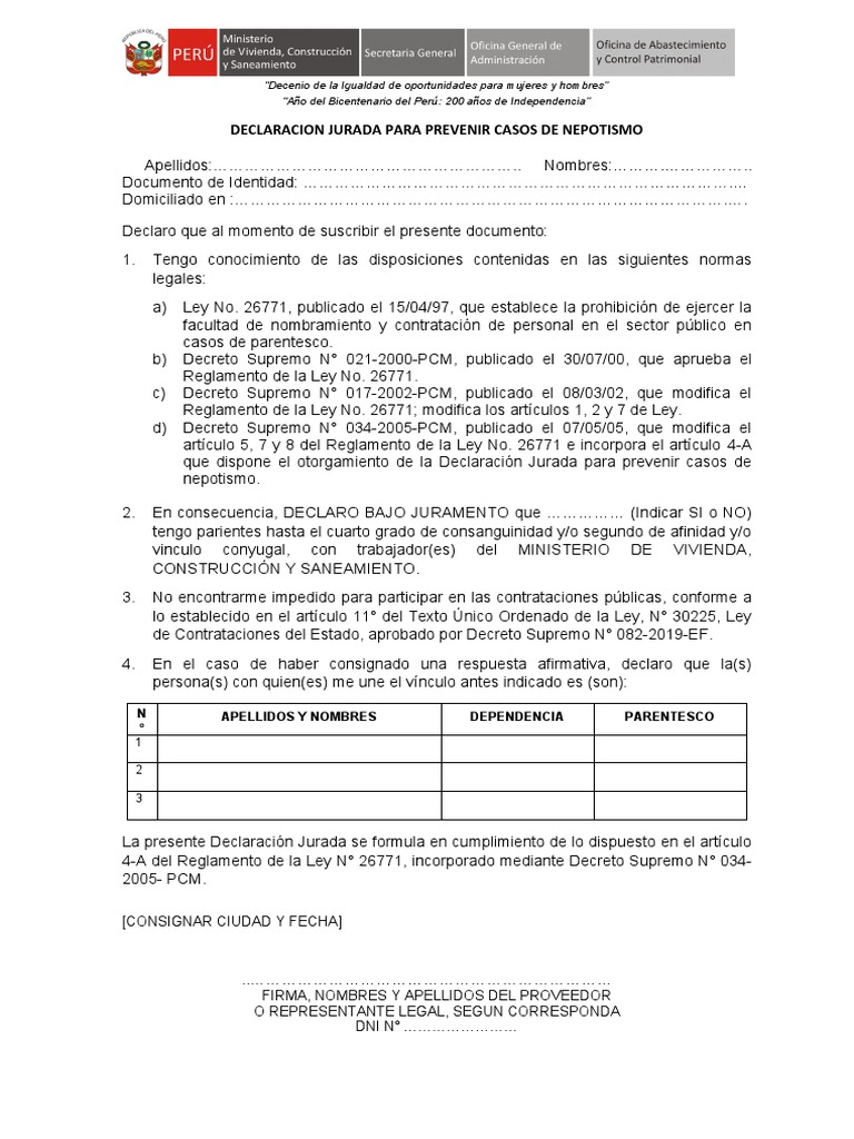 Declaración Jurada contra Nepotismo | PDF | Gobierno | Parentesco