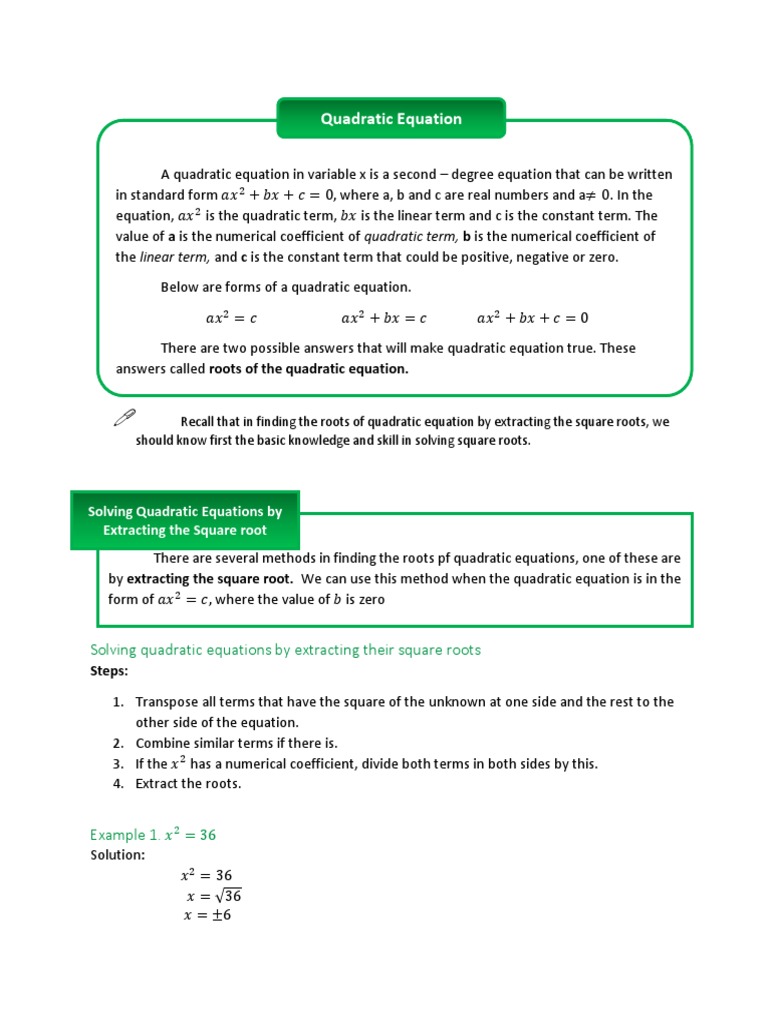 Lesson 1 Quadratic Equation | PDF | Quadratic Equation | Equations