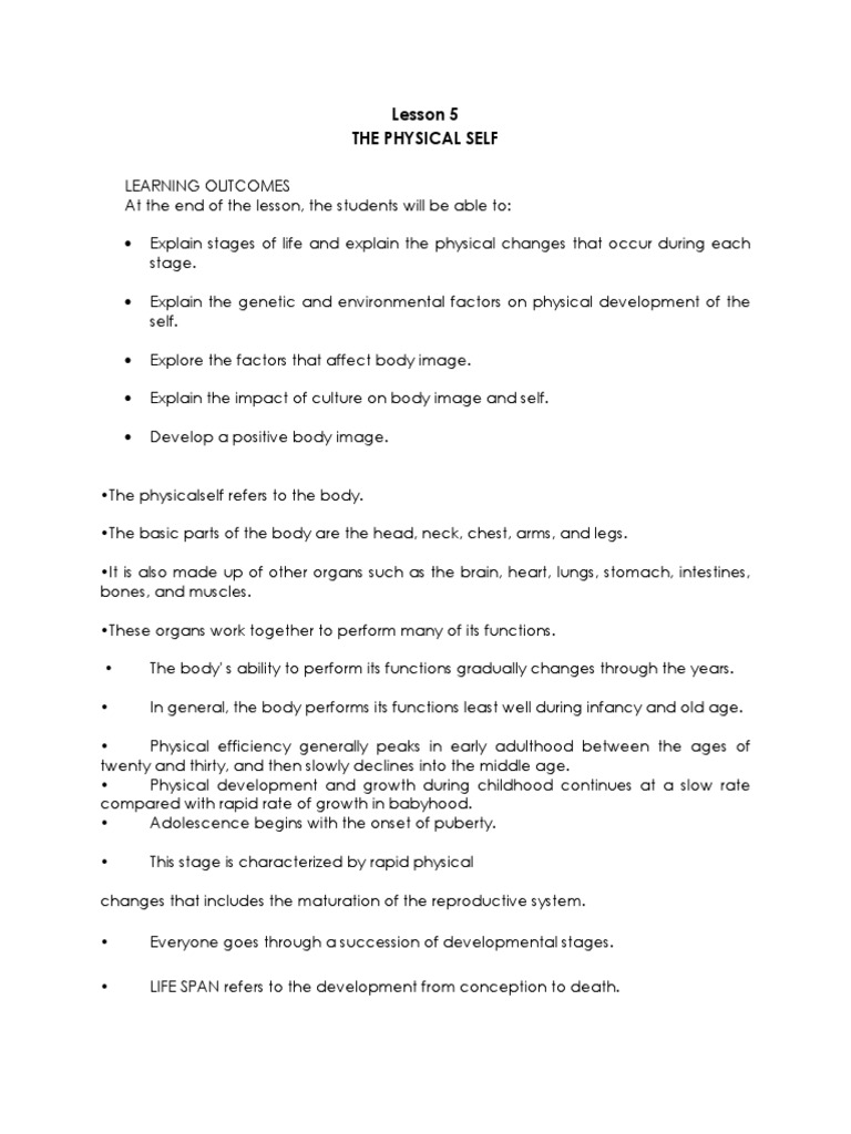 Lesson 5 Physical Self | PDF | Body Image | Adolescence