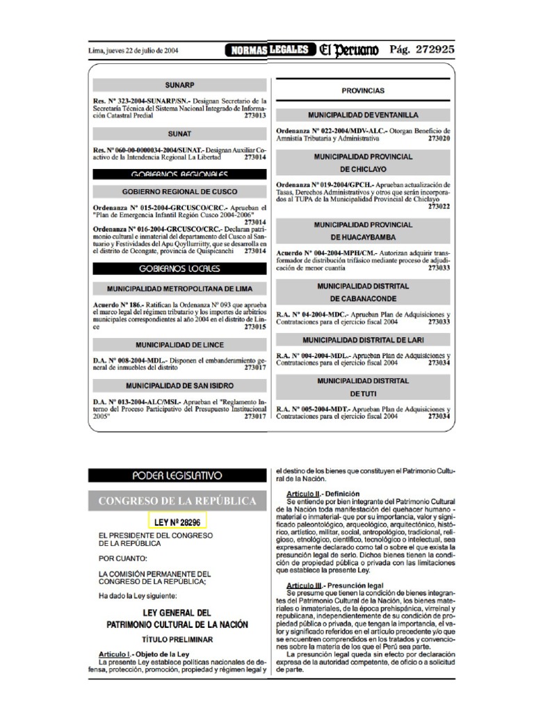 002 Ley N°28296 Ley General del Patrimonio Cultural de la Nación | PDF
