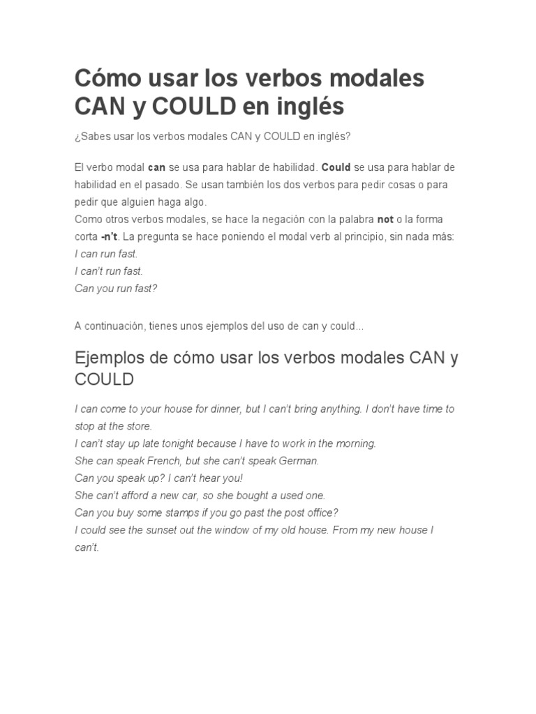Como Usar Los Verbos Modales CAN y COULD en Ingles | PDF