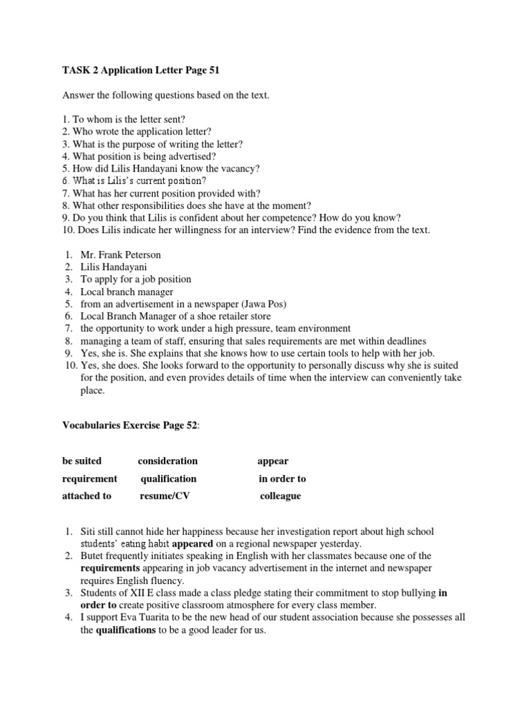 TASK 2 Application Letter Page 51 & Vocabularies Exercise | PDF ...