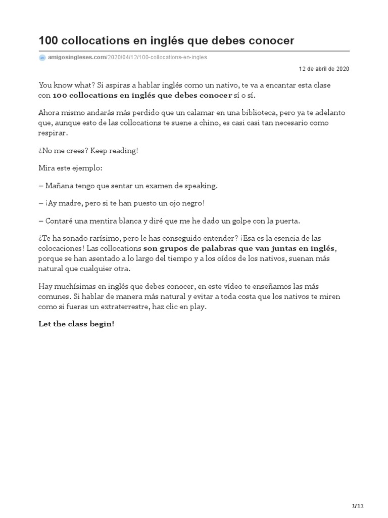 100 Collocations en Inglés Que Debes Conocer | PDF | Lingüística