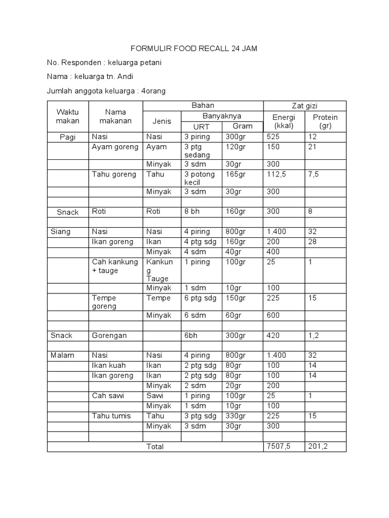 Formulir Food Recall 24 Jam | PDF