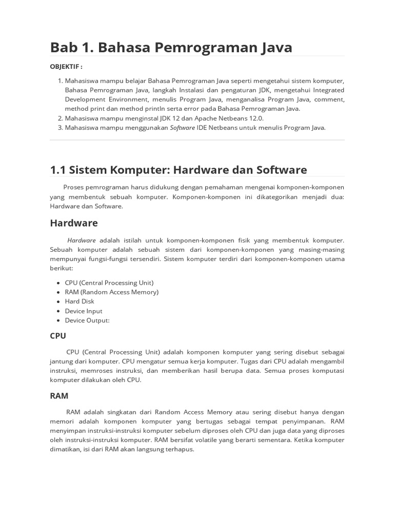 Bab 1. Bahasa Pemrograman Java | PDF | Komputer | Teknologi & Rekayasa