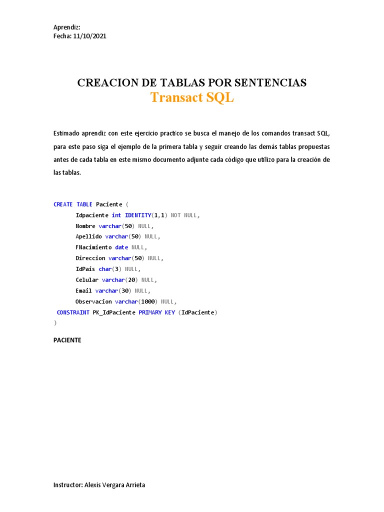 Sentencias SQL para Crear Tablas | PDF | Métodos y materiales de ...
