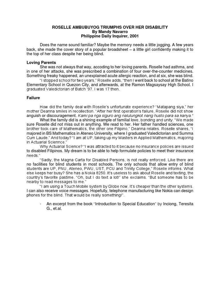 Roselle Ambubuyog Triumphs Over Her Disability | PDF