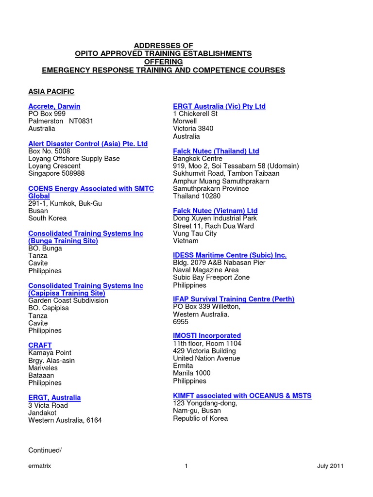 OPITO Approved Training Centres List | PDF | Qatar | Doha