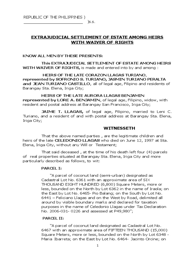 Extrajudicial Settlement of Estate Among Heirs With Waiver of Rights ...