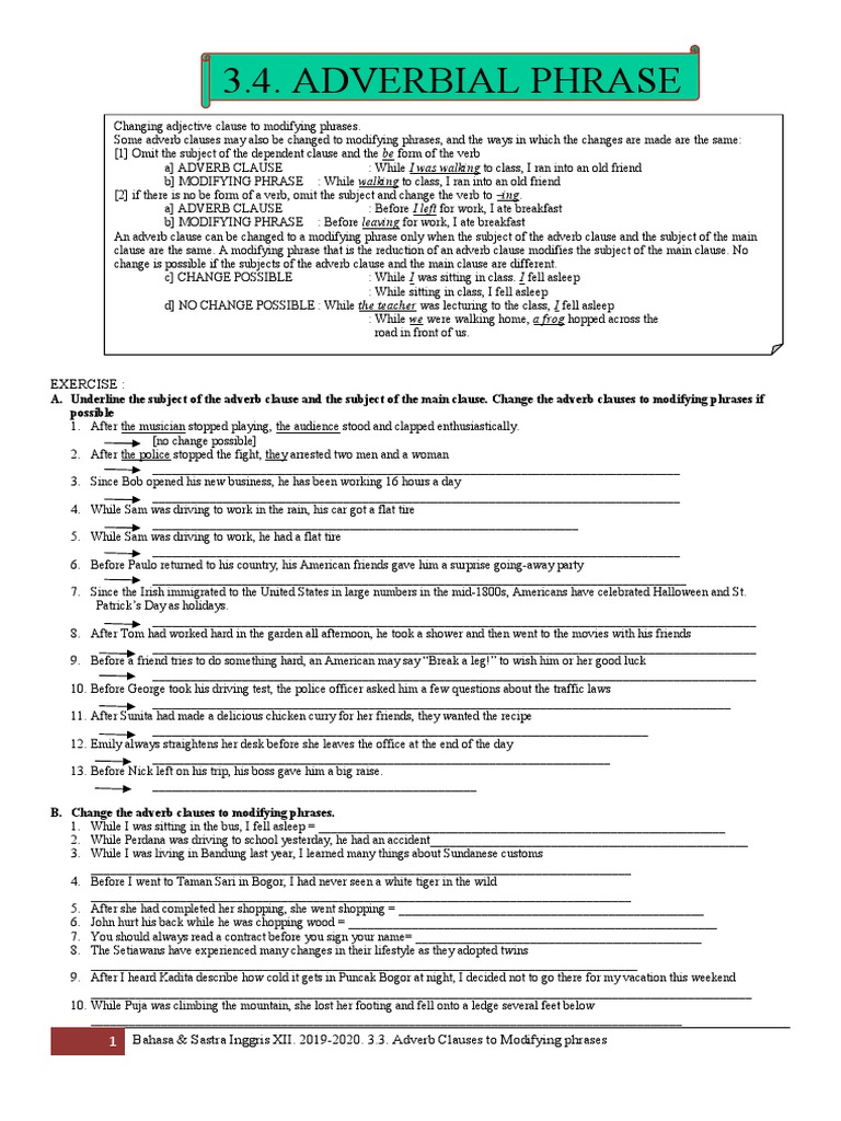 3.4. Adverbial Phrase: Exercise | PDF | Adverb | Subject (Grammar)