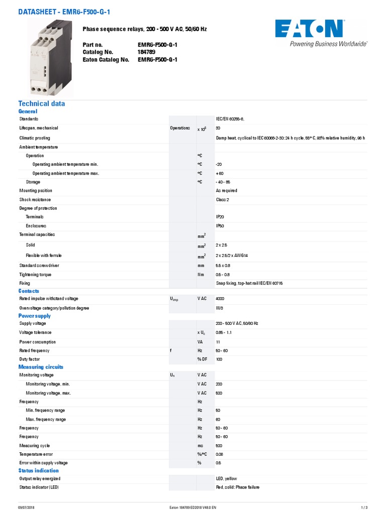 Phase Sequence Relays, 200 - 500 V AC, 50/60 HZ Part No. EMR6-F500-G-1 ...