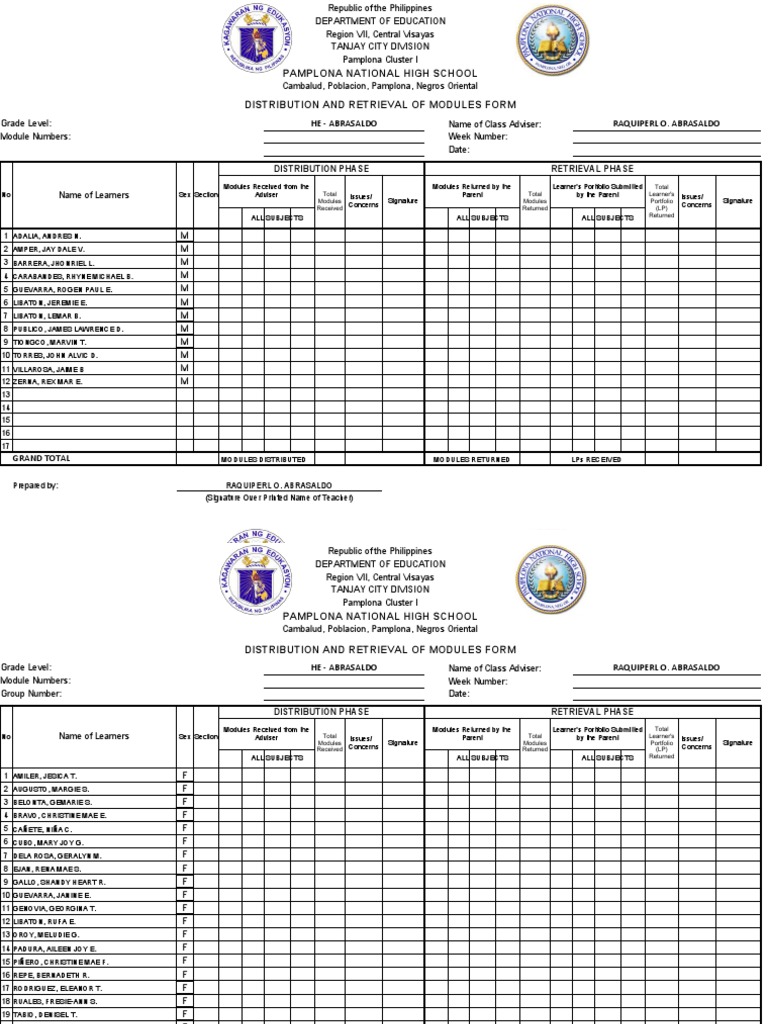 Pamplona National High School Distribution and Retrieval of Modules ...