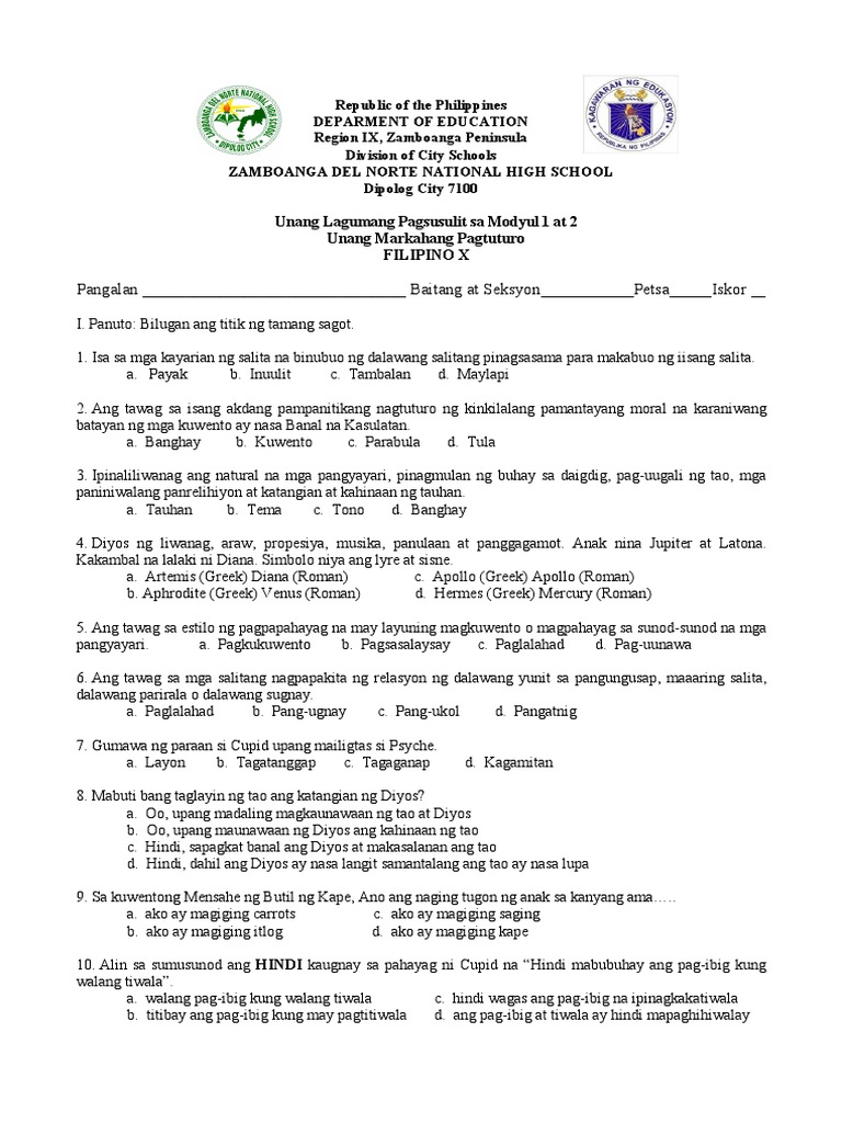 Fil10 Q1 Unang-Lagumang-Pagsusulit | PDF