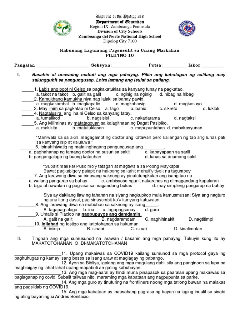 Fil10 - Q1 - Ikaapat Na Lagumang Pagsusulit | PDF