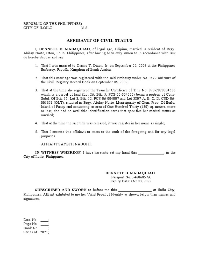 Affidavit of Civil Status | PDF | Politics