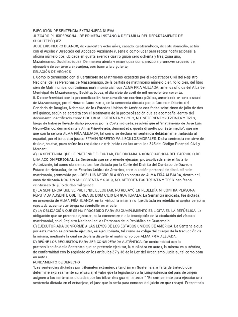 Ejecución de Sentencia Extranjera Nueva | PDF | Sentencia (ley) | Divorcio