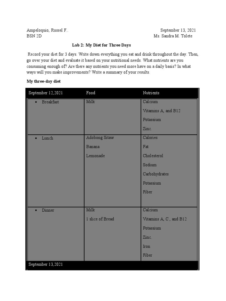 Lab 2: My Diet For Three Days: September 12,2021 Food Nutrients | PDF ...