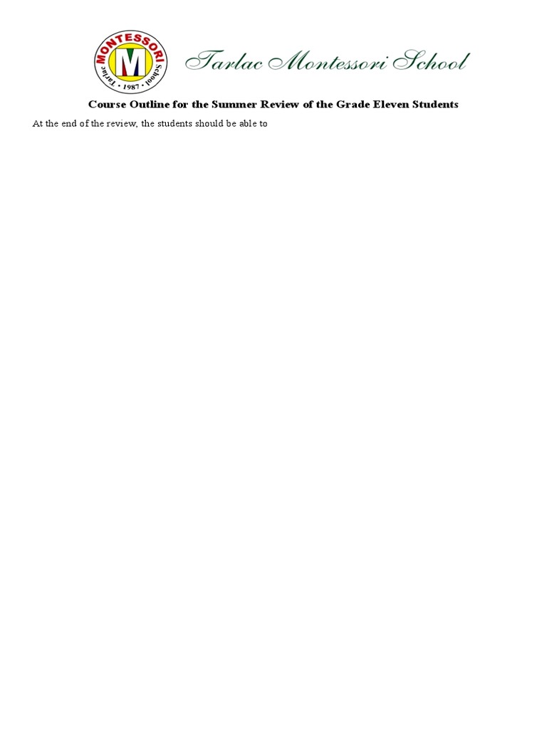 Course Outline For The Summer Review of The Grade Eleven Students | PDF