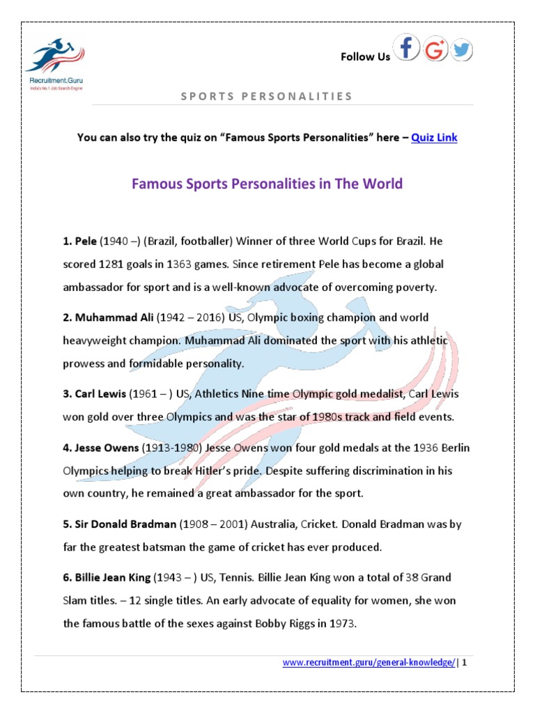 Famous Sports Personalities in The World | PDF | Grand Slam (Tennis ...