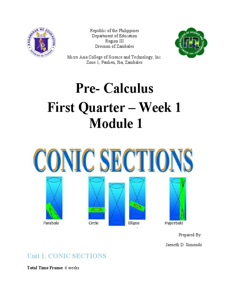 3 PRE CAL (Unit 1. Lesson 1. Intro To Conic Sections Lesson 2) | PDF ...