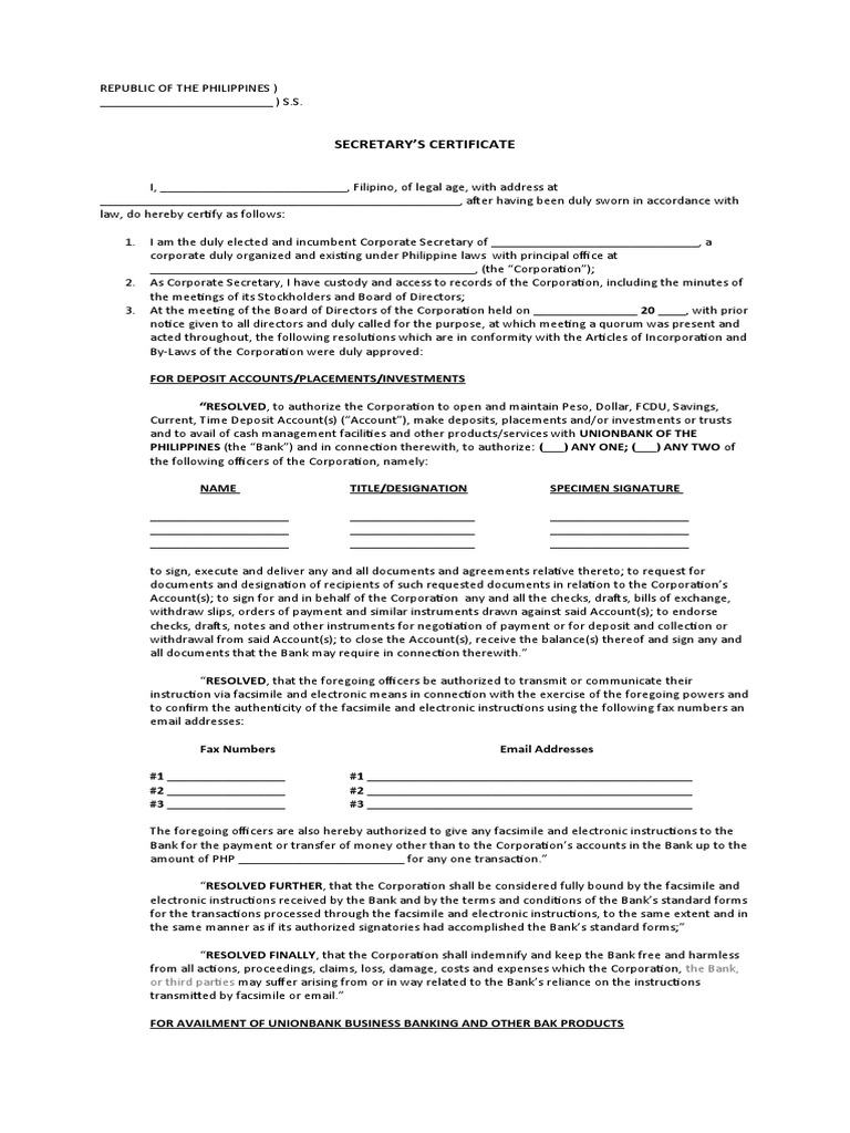 Secretary'S Certificate: The Bank, or Third Parties | PDF | Banks | Fax