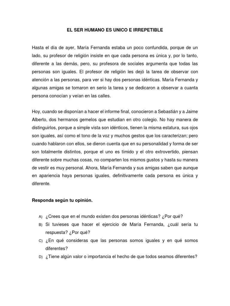 El Ser Humano Es Unico e Irrepetible - 3 Noviembre | PDF